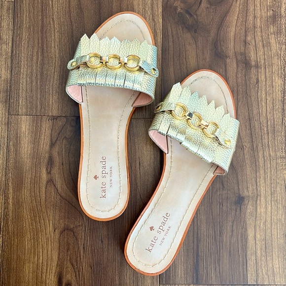 kate spade | Shoes | Kate Spade Brie Gold Metallic Leather Kiltie Slide ...